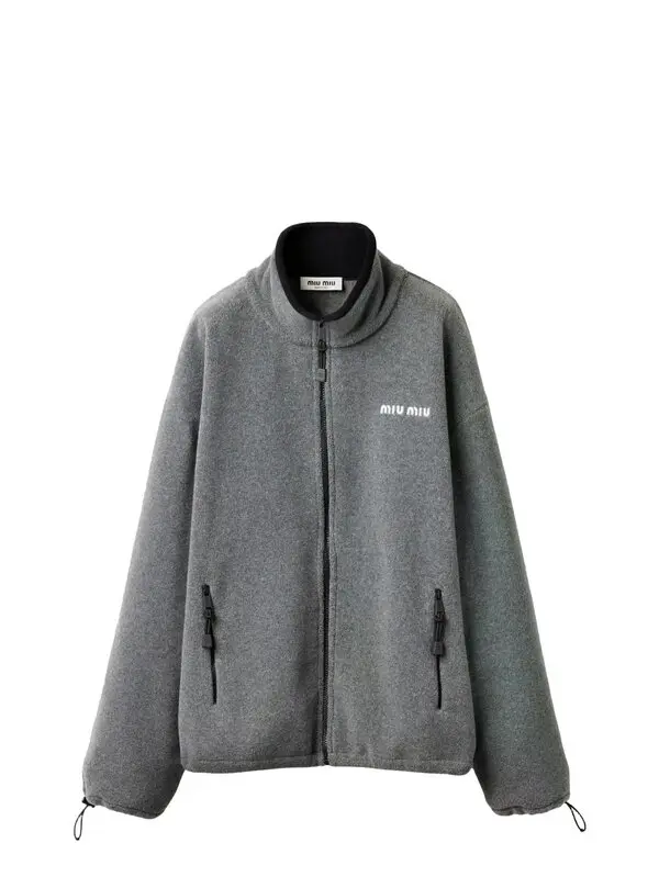 Miu Miu Fleece Zip-up Sweatshirt With Embroidered Logo - Grey