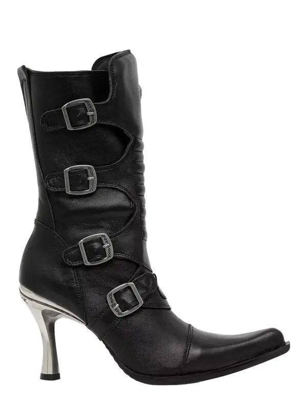 NEW ROCK 100mm Buckle-detail Pointed-toe Boots - Black