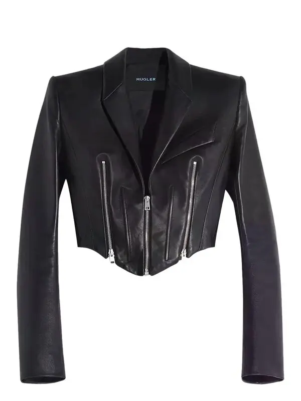 MUGLER Zip-detail Cropped Leather Jacket - Black