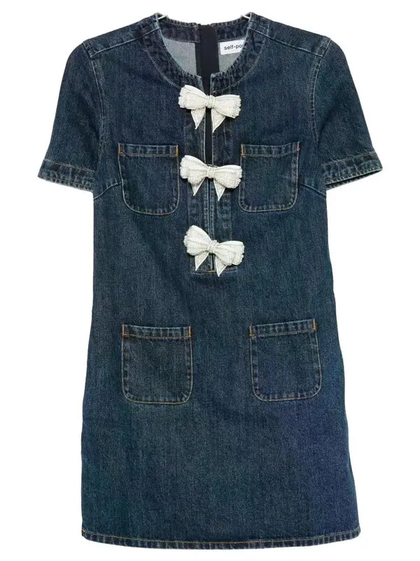 SELF-PORTRAIT Bow-embellished Denim Dress - Blue
