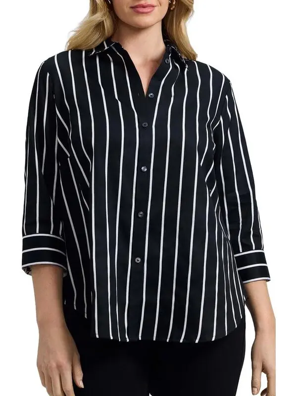 Foxcroft Margie Stripe Three-quarter Sleeve Button-up Shirt - Black/ White