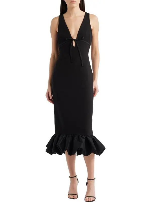 Likely Balta Ruffle Hem Mixed Media Cocktail Midi Dress - Black