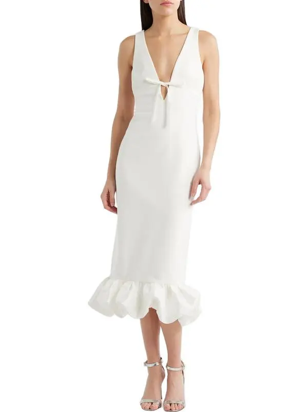 Likely Balta Ruffle Hem Mixed Media Cocktail Midi Dress - White