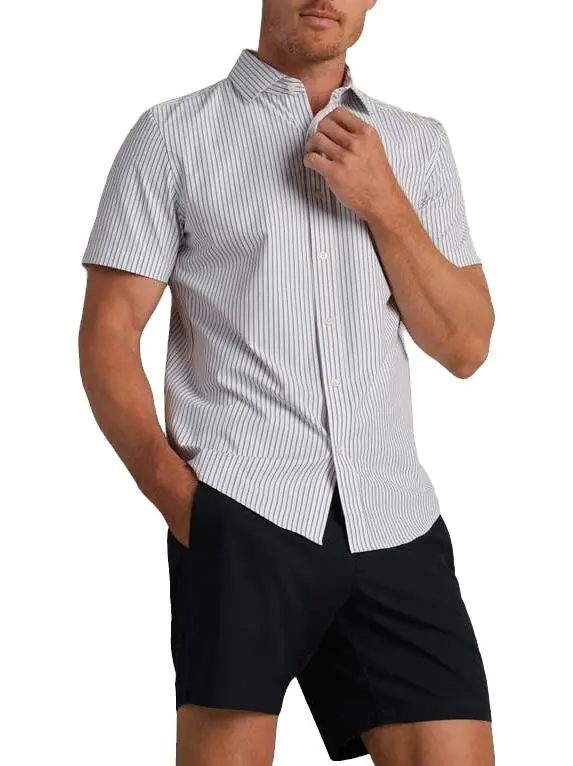RHONE State Of Mind Stripe Performance Short Sleeve Button-up Shirt - White/ Navy Pick Stitch Stripe