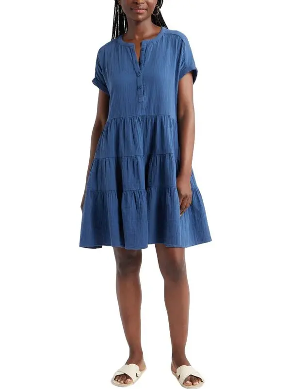Caslon Cotton Gauze Tiered Popover Dress - Navy Denim