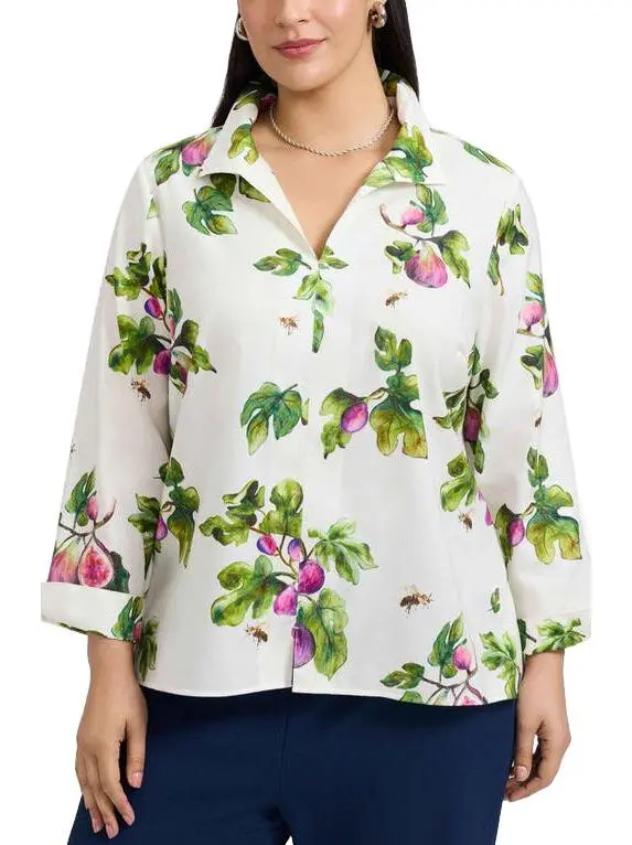 Foxcroft Agnes Figs Print Popover Top - Ivory Multi
