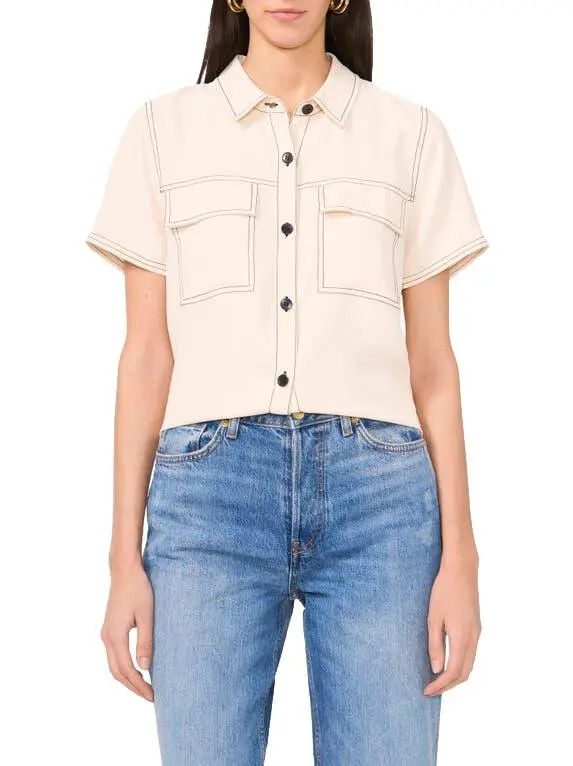Vince Camuto Topstitched Short Sleeve Button-up Shirt - Soft Cream