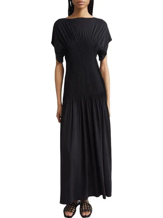 TOTÊME Knife Pleated Cap Sleeve Jersey Maxi Dress - Black