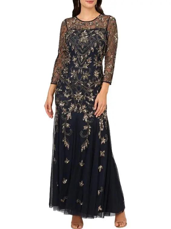 Adrianna Papell Beaded Long Sleeve Gown - Midnight