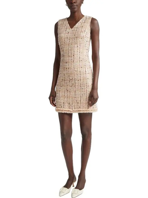 St. John Metallic Tweed Sheath Dress With Fringe Trim - Power Rose/ Acorn Multi