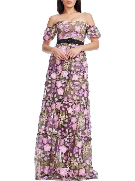 Dress The Population Lara Floral Embroidered Gown - Black Multi