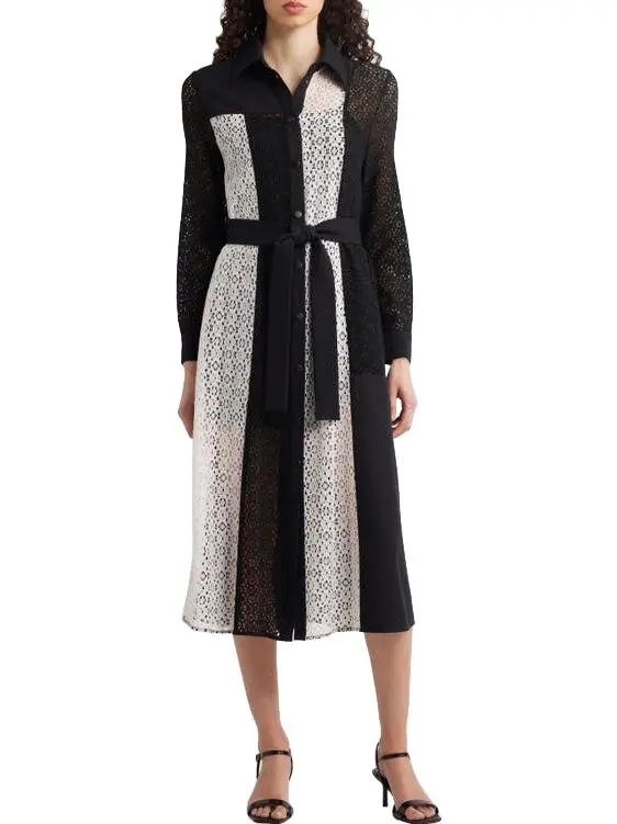 Misook Tie Waist Long Sleeve Lace Midi Shirt Dress - Black/ White