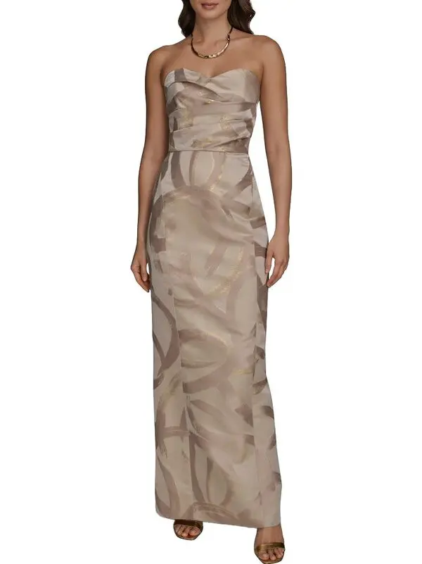 Donna Karan New York Pleated Metallic Strapless Gown - Sand/ Gold