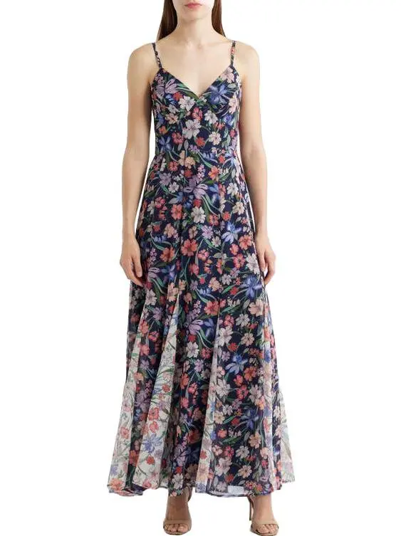 HUTCH Floral Print Godet Sleeveless Gown - Navy Garden