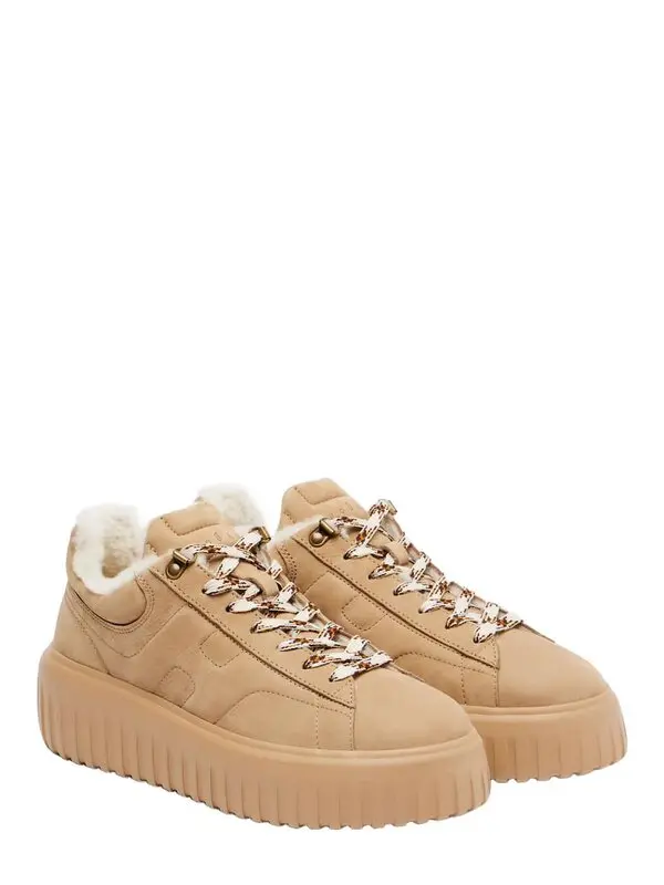 Hogan H-stripes Shearling-lined Suede Sneakers - Brown