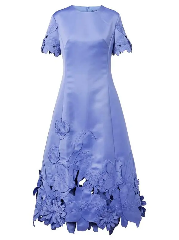 LEO LIN Caroline Floral-appliqué Satin Midi Dress - Blue