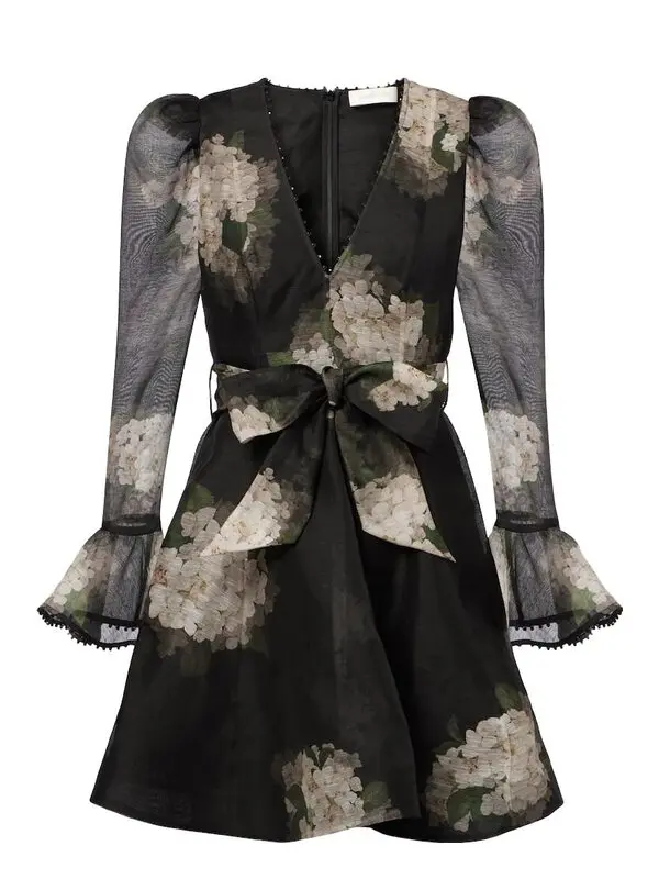Zimmermann Floral Linen And Silk Minidress - Black