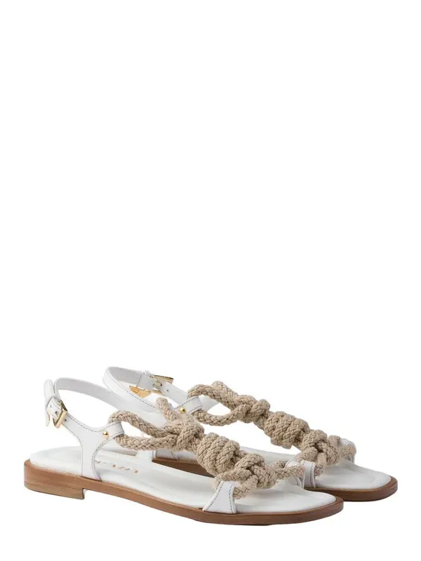 Prada Flat Leather And Cord Sandals - White