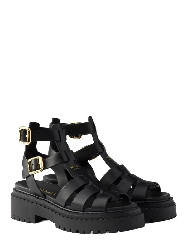 Prada Leather Sandals With Ankle Straps - Black