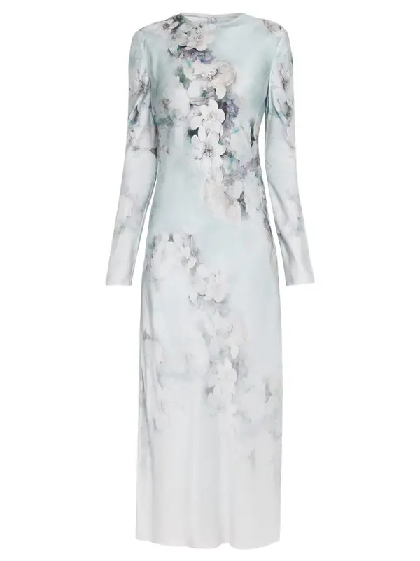 Alberta Ferretti Degrade Floral Print Washed Satin Long-sleeve Gown - Multi Ice