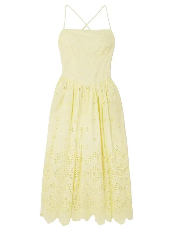 SELF-PORTRAIT Drawstring Broderie Anglaise Cotton Midi Dress - Yellow