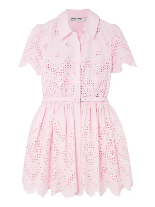 SELF-PORTRAIT Scalloped Broderie Anglaise Cotton Mini Shirt Dress - Pink