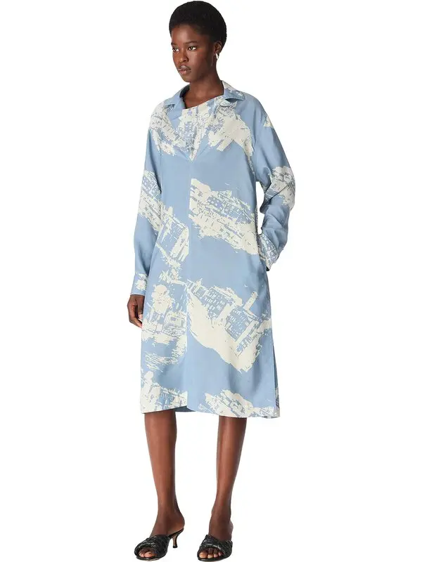 Bottega Veneta Italian Postcard Printed Silk Dress - Blue/dove