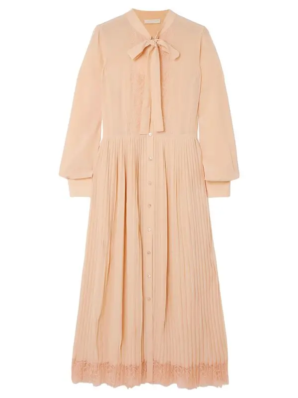Ulla Johnson Aviana Pussy-bow Lace-trimmed Pleated Silk Dress - Neutrals