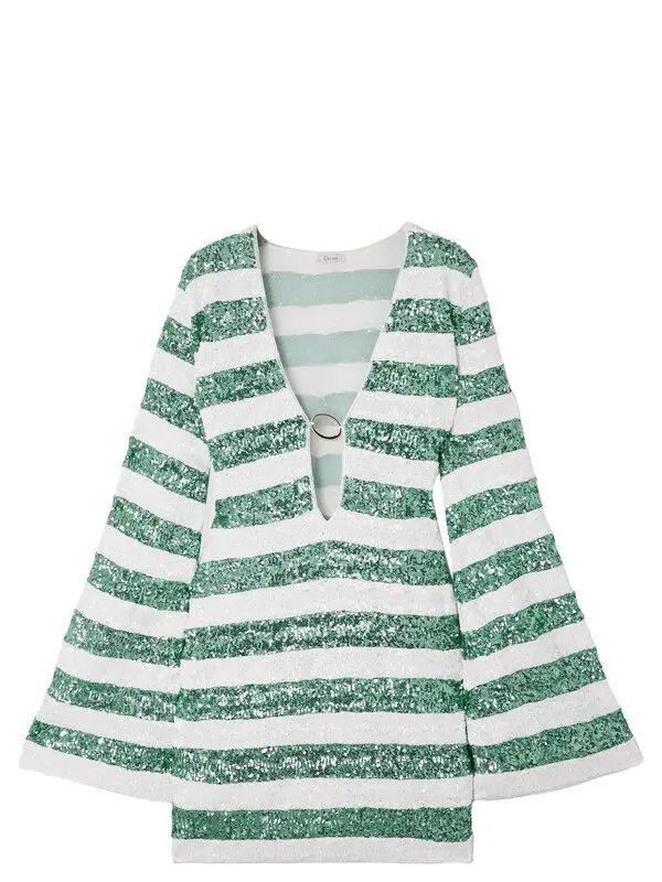 Oseree Candy Paillettes Embellished Striped Mesh Kaftan - Green