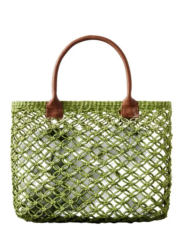 SENSI STUDIO Textured Leather-trimmed Straw Tote - Green