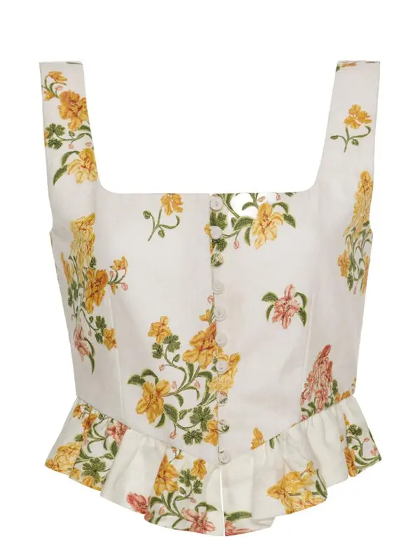 Agua Bendita Eslabon Floral Linen Cropped Top - White