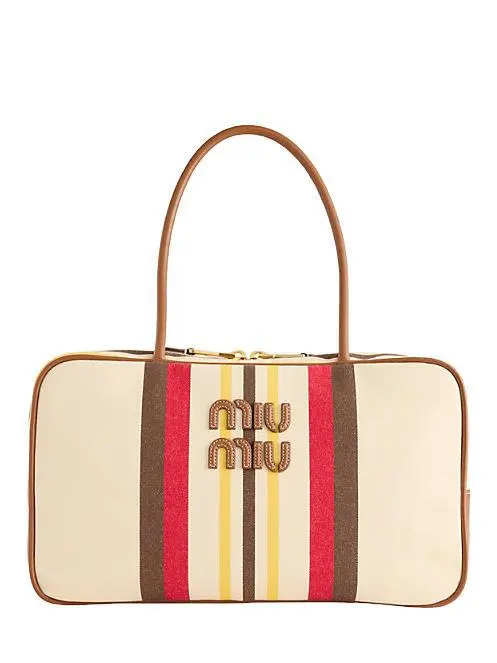 Miu Miu Canvas And Leather Shoulder Bag - Naturale+moro