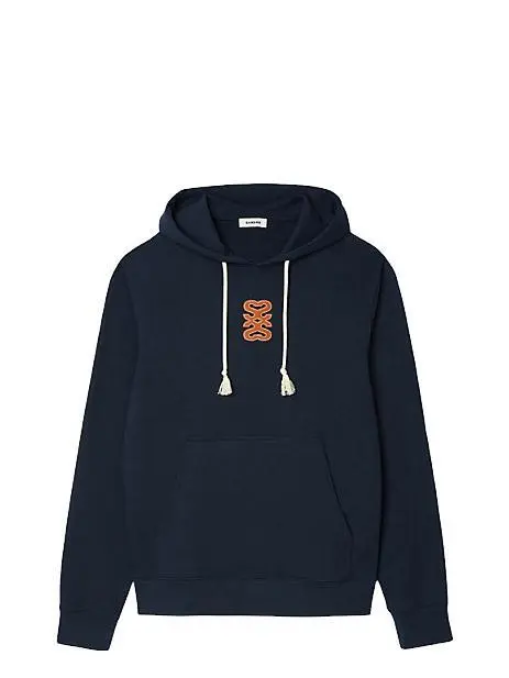 Sandro Cotton-jersey Hoody With Leather Patch - Navy Blue