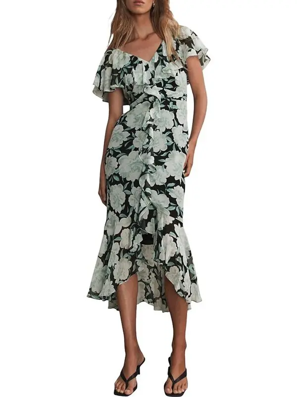 Mint Velvet Floral Print Ruffle Maxi Dress - Green