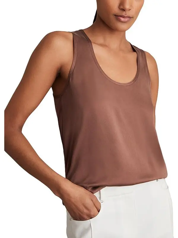 REISS Ruby Silk Front Cami - Mocha Brown