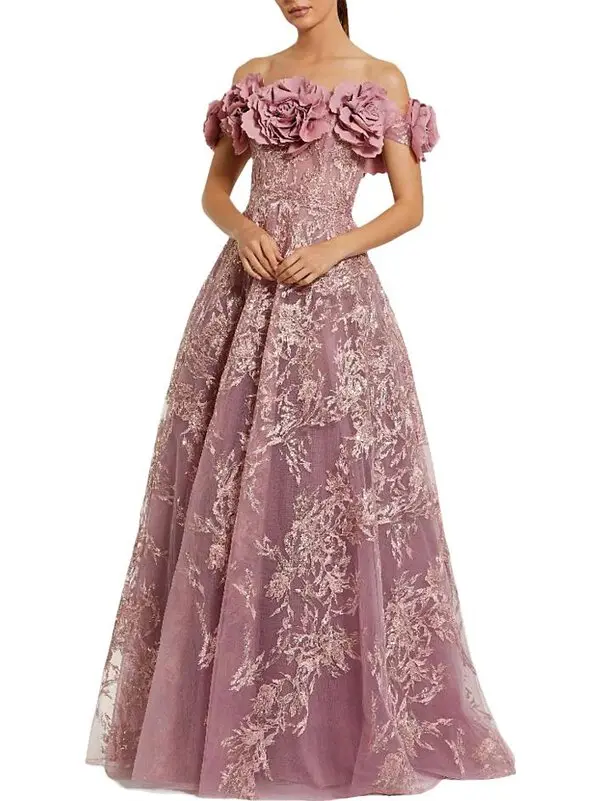 Mac Duggal Embroidered Off-the-shoulder Floral A-line Gown - Mauve