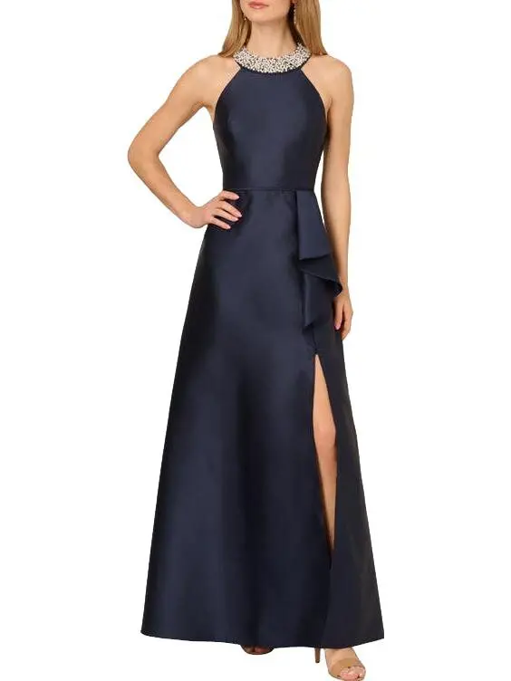 Adrianna Papell Embellished Neck Mikado Gown - Midnight
