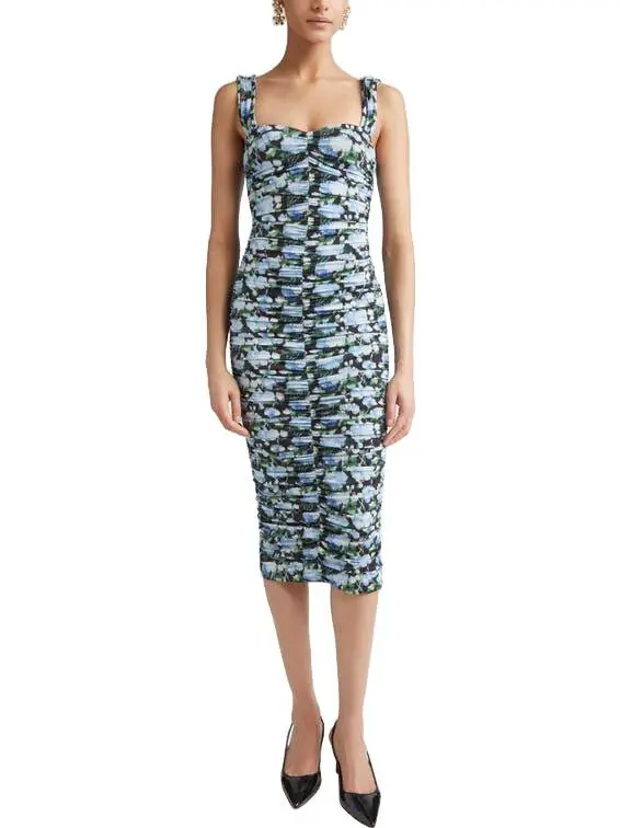Carolina Herrera Peony Print Ruched Stretch Jersey Midi Dress - Blue Multi