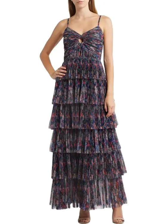 HUTCH Floral Gathered Tiered Evening Gown - Navy Garden