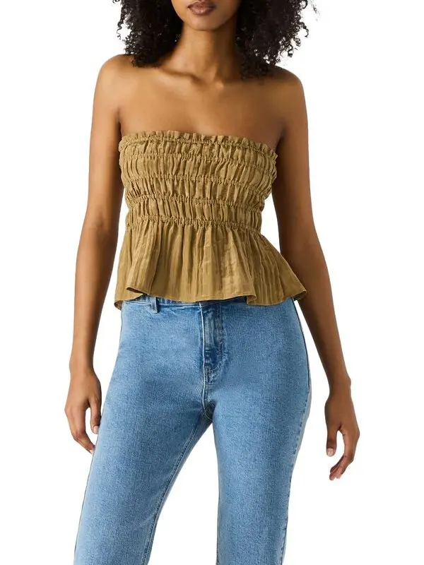 Steve Madden Cambria Strapless Smocked Peplum Top - Deep Olive