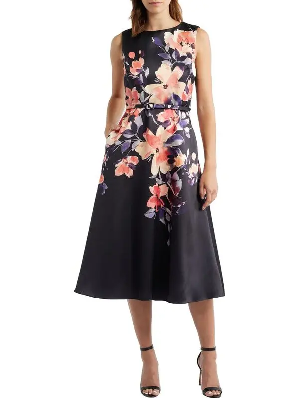 Julia Jordan Placed Floral Cocktail Midi Dress - Black Multi