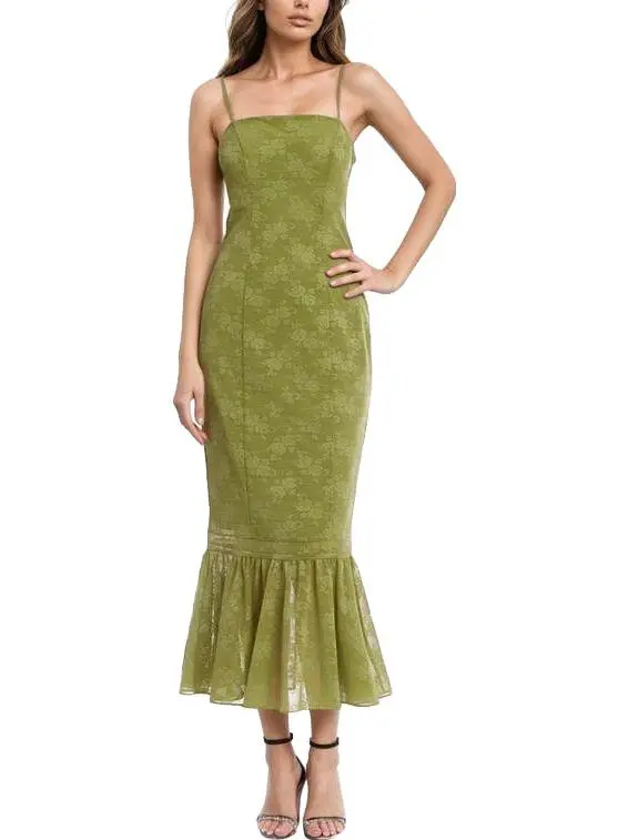 Badgley Mischka Floral Ruffle Hem Pencil Dress - Green