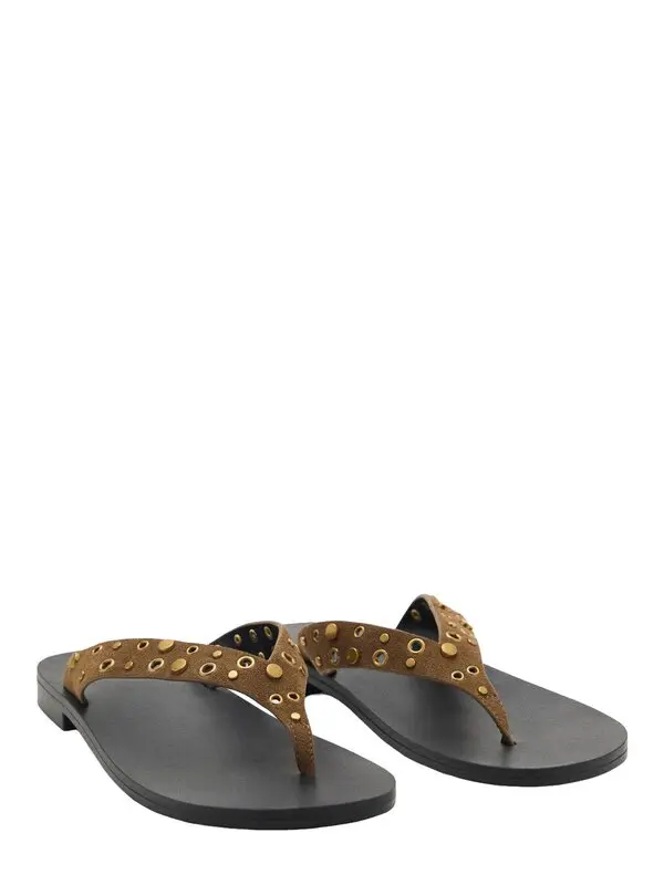 Mango Grommet And Stud Suede Flip-flops - Khaki