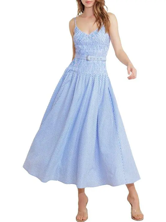 FREEMARKET Smocked Bodice Cotton-blend Sundress - Blue/ White