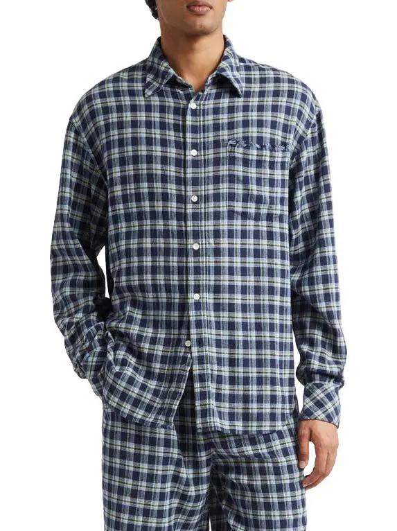 THE ELDER STATESMAN Dune Plaid Beach Button-up Shirt - Navy