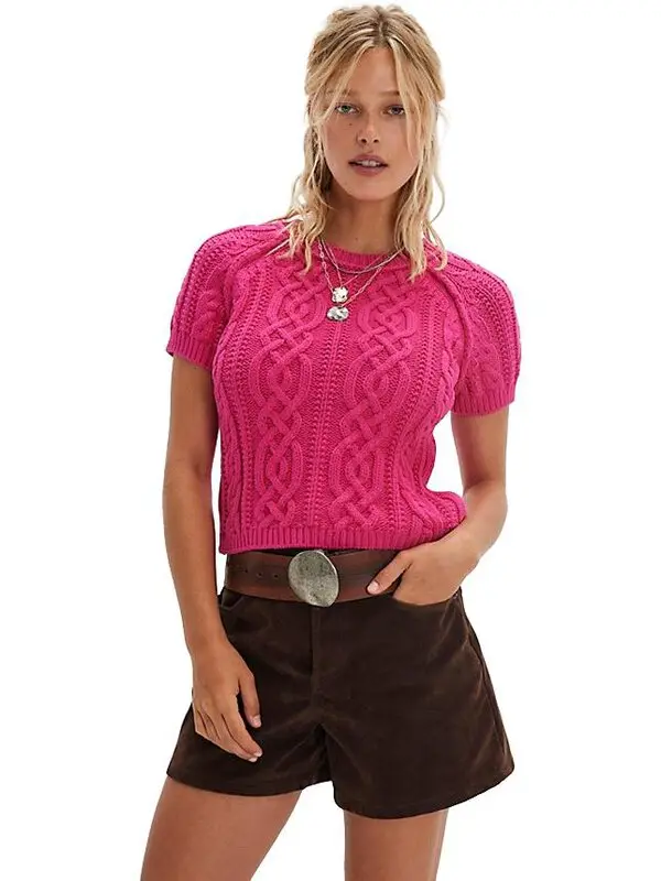 Free People Cable-knit Pullover Top - Hot Pink