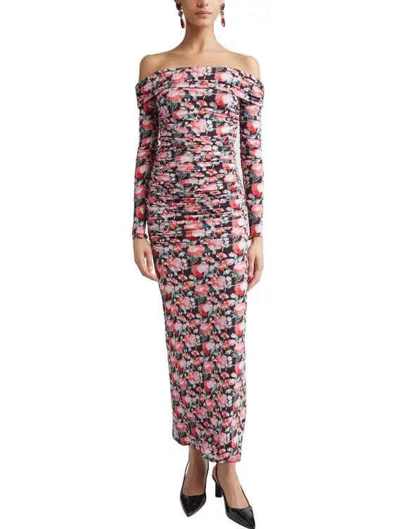 Carolina Herrera Peony Print Ruched Off-the-shoulder Jersey Dress - Pink Multi