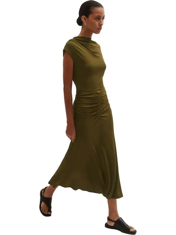 ME+EM High Neck Ruched Midi Dress - Deep Golden Olive
