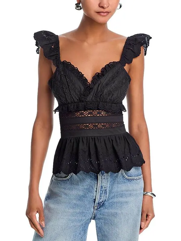 Aqua Eyelet Flutter Tank Top - Black