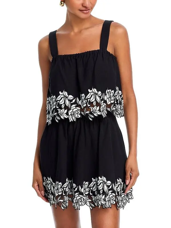 Aqua Cotton Linen Lace Trim Sleeveless Top Exclusive - Black/white